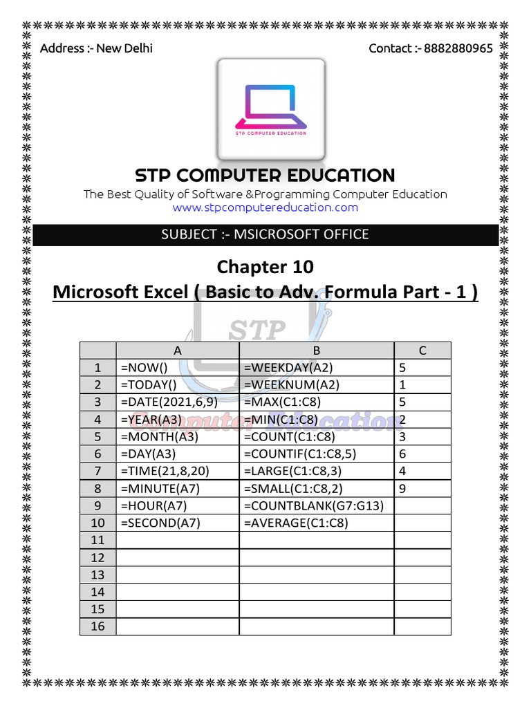 Chapter - 10 Microsoft Excel (Basic To Adv. Formula Part - 1) | PDF