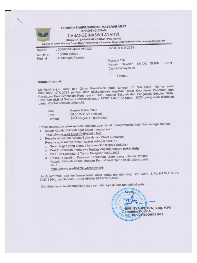 Undangan Rapat Rakor GTK, Kepsek, Wakasek Dan Cabdin | PDF