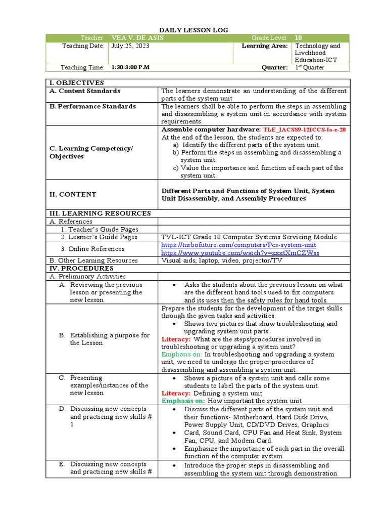 LESSON PLAN in TLE | PDF | Power Supply | Learning