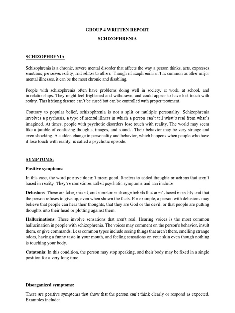 Group 4 Schizophrenia Written Report | PDF | Psychosis | Schizophrenia