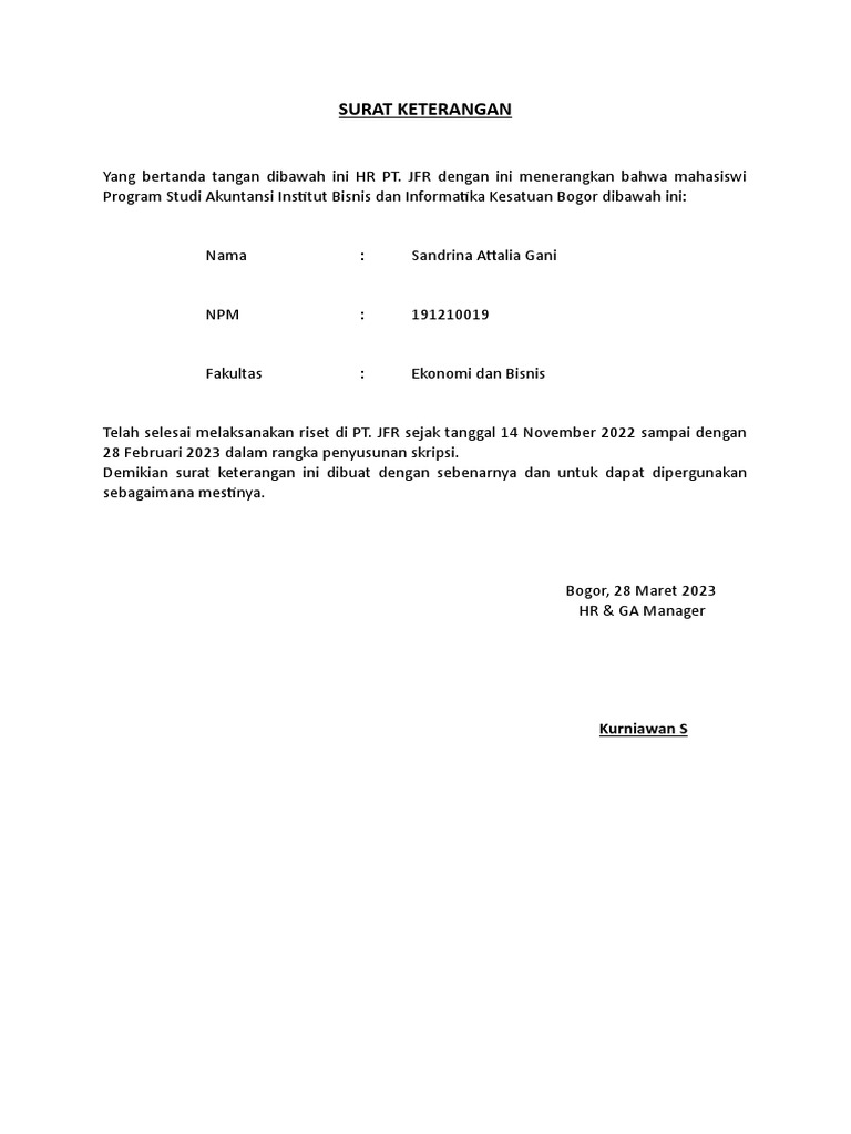Sandrina - Surat Keterangan Riset | PDF