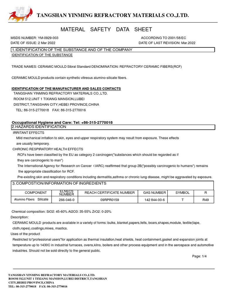 MSDS For CERAMIC MOULD | PDF | Personal Protective Equipment | Dust