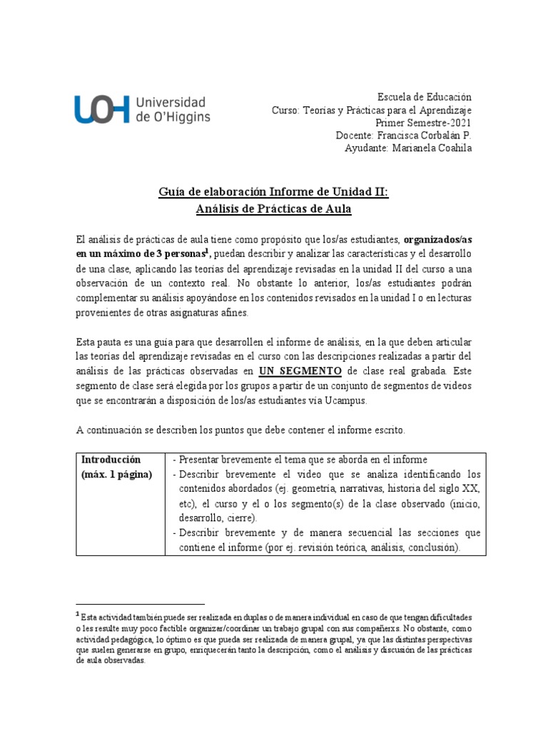 Trabajo Unidad 2 Gu A Informe de An Lisis de Video | Descargar gratis PDF | Aprendizaje | Salón ...