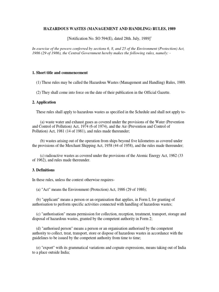 Hazardous Waste Management Rules 1989 | PDF | Waste | Waste Management