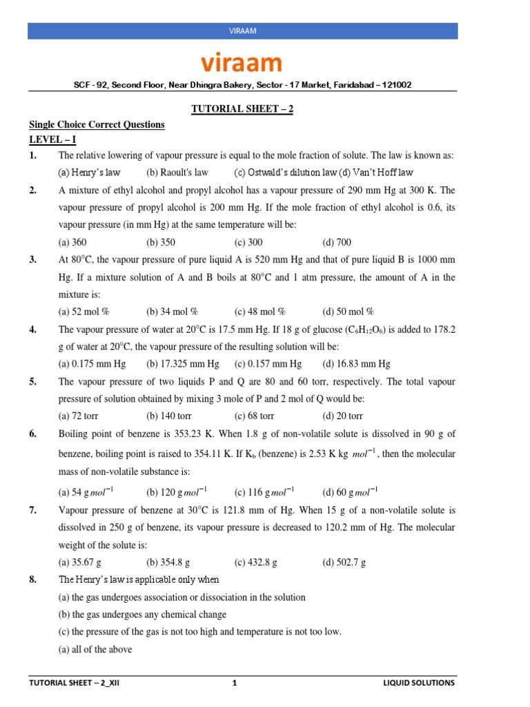 Tutorial Sheet - 2 - Xii - Liquid Solutions (Raoult-S Law) - 27416163 | PDF | Vapor | Thermodynamics