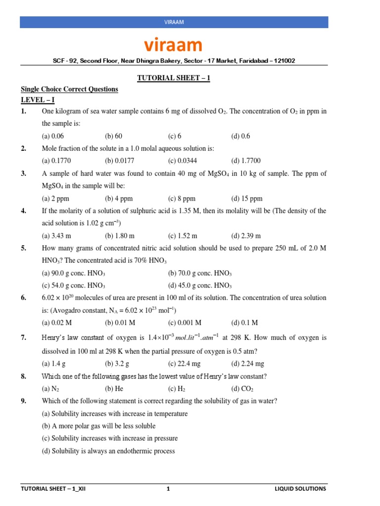 Tutorial Sheet - 1 - Xii - Liquid Solutions (Concentration Terms and Henry-S Law) - 27416162 ...