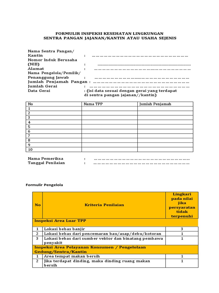 Formulir Ikl Sentra Pangan Jajanan - Kantin Atau Usaha Sejenis | PDF