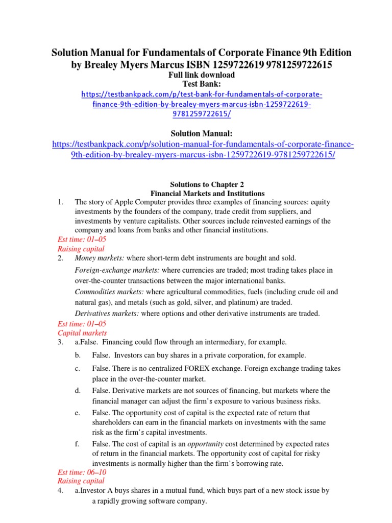 Fundamentals of Corporate Finance 9th Edition by Brealey Myers Marcus ISBN Solution Manual | PDF ...