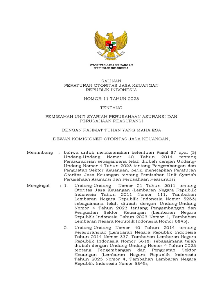 POJK 11 - Pemisahan Unit Syariah Perusahaan Asuransi Dan Perusahaan ... POJK 11 - Pemisahan Unit Syariah Perusahaan Asuransi Dan Perusahaan ...