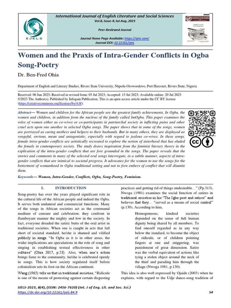 Women and The Praxis of Intra-Gender Conflicts in Ogba Song-Poetry ...