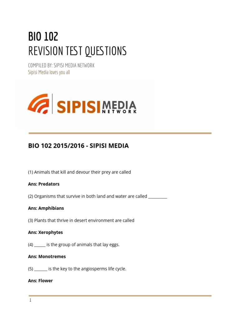 Bio 102 Revision Test Questions | PDF | Plants | Fungus
