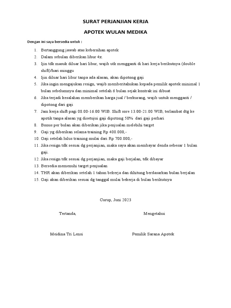 Surat Perjanjian Kerja Apotek Pdf