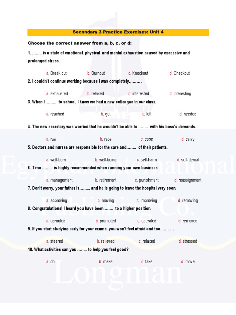 Secondary 3 Exercise Unit 4 | PDF | Occupational Burnout | Psychology