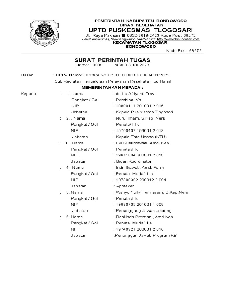 Uptd Puskesmas Tlogosari: Surat Perintah Tugas | PDF