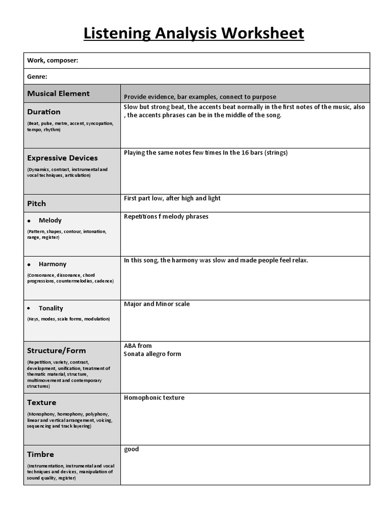 Listening Analysis Blank Table | PDF | Language Arts & Discipline