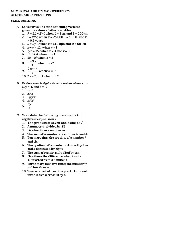 Algebra & Number Skills Practice | PDF | Numbers | Mathematical Analysis