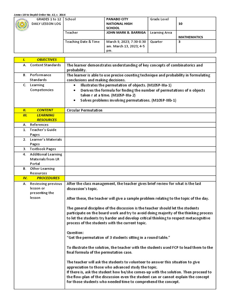 Barriga CIrcular Permutation Lesson Plan | PDF | Learning | Teachers Barriga CIrcular Permutation Lesson Plan | PDF | Learning | Teachers
