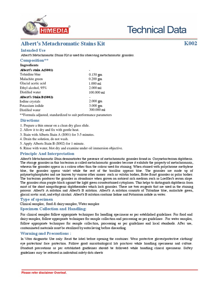 K002 Albert's Metachromatic Stains Kit: Intended Use Composition | PDF ...