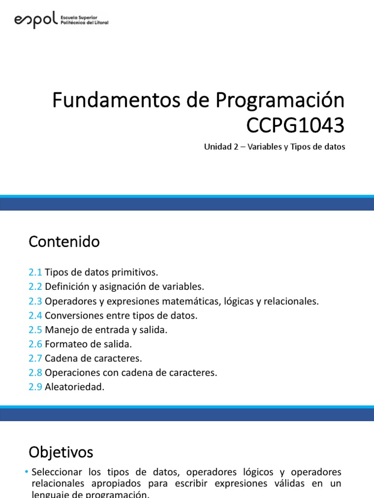 Unidad 2 Variables Tipos De Datos Operadores Entrada Y Salida Pdf Tipo De Datos