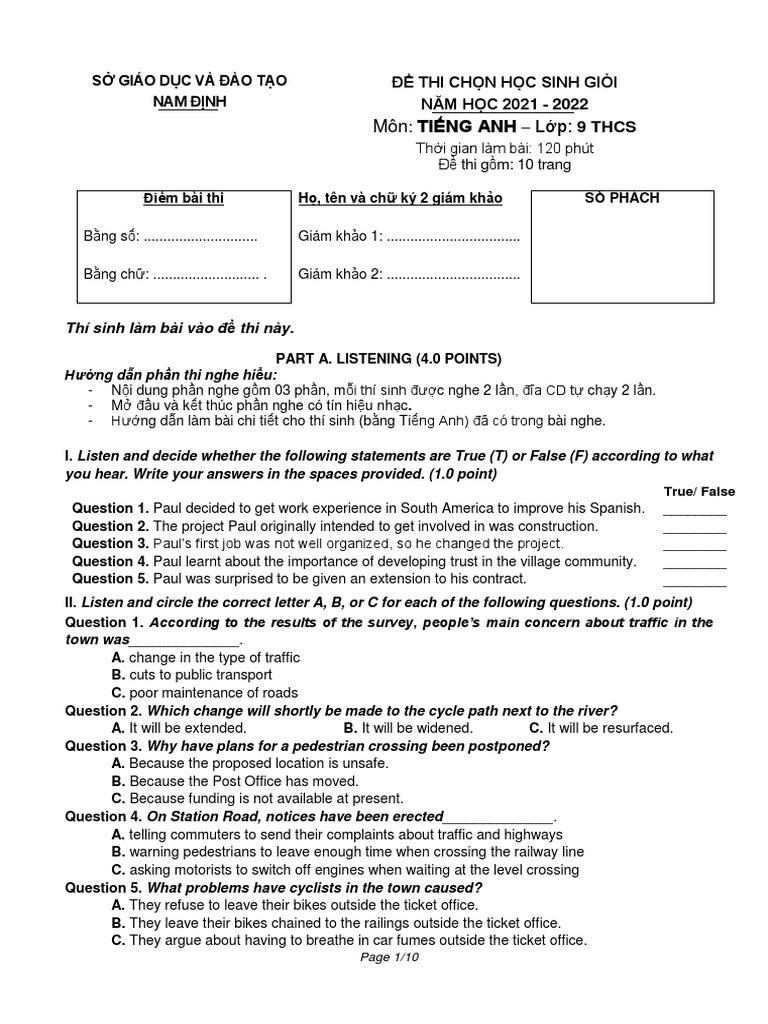 De Thi Hsg Anh 9 2021.2022 Nam Định... | PDF | Spice | Black Pepper