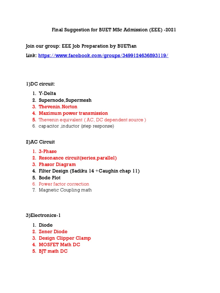 Final Suggestion For BUET MSC Admission (EEE) - 1 | PDF | Electric Motor | Electrical Network