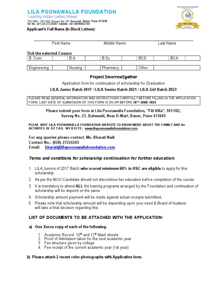 Application Form For LILA Girls - Phase-III Scholarship - 2023 | PDF