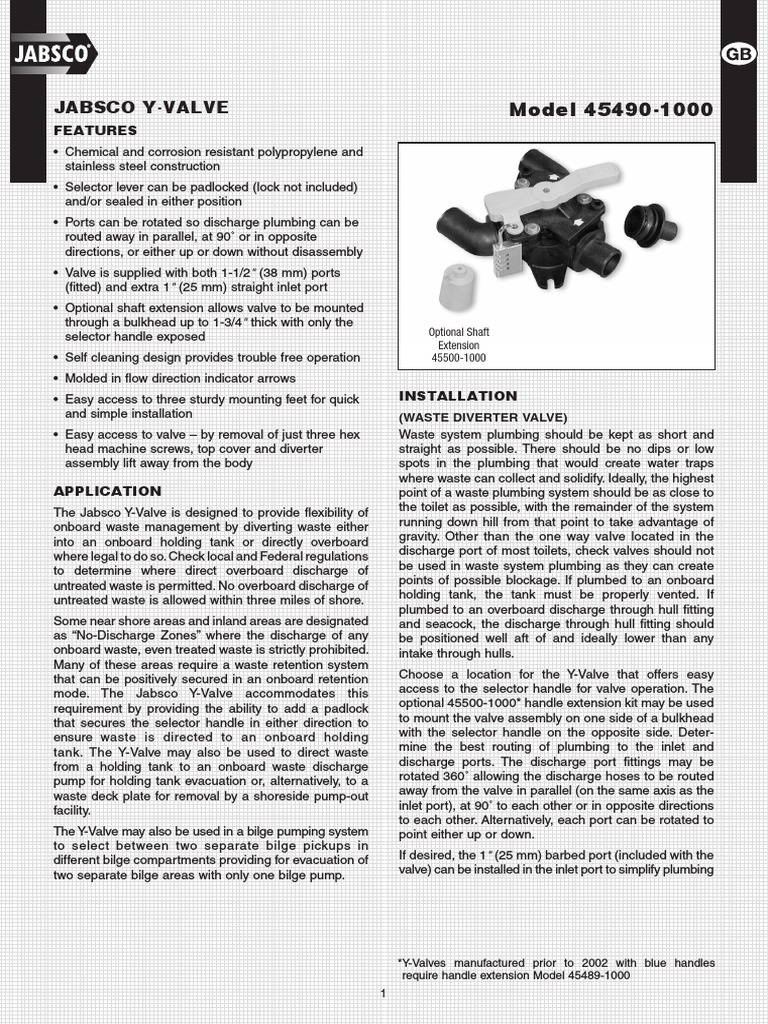 Jabsco Y-Valve: Model 45490-1000 | PDF | Valve | Leak