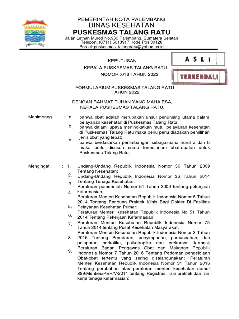 SK Formularium Puskesmas Talang Ratu | PDF