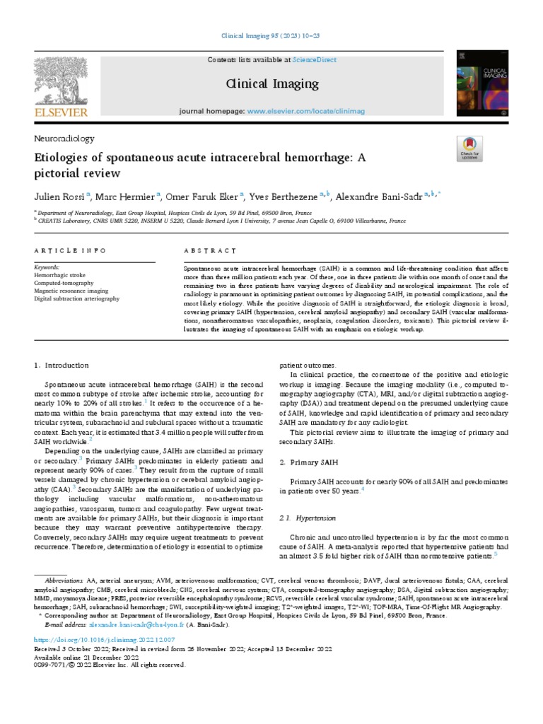 Etiologies of Spontaneous Acute Intracerebral Hemorrhage - A Pictorial ...
