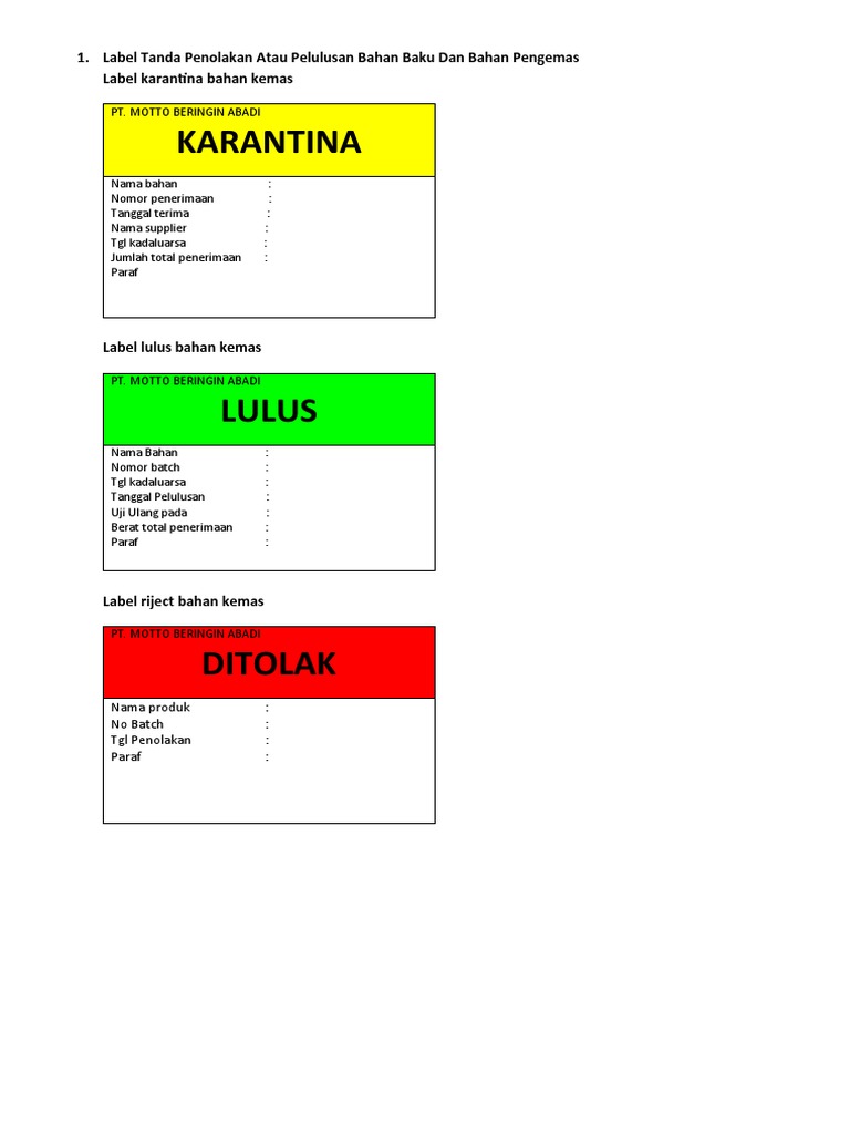 Contoh Label Produk dan Status Karantina | PDF | Teknologi & Rekayasa