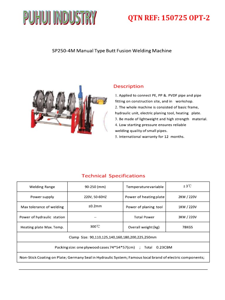 Technical Parameter of Butt Fusion Welding Machines | PDF | Welding ...