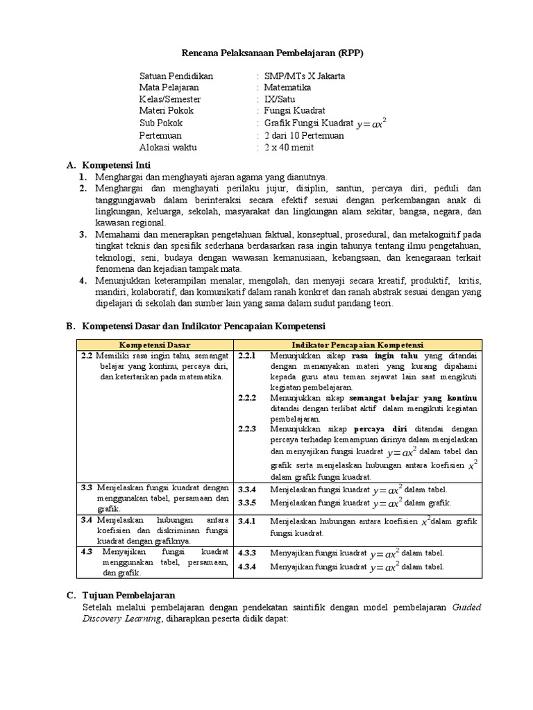 RPP Fungsi Kuadrat Pertemuan 2 | PDF