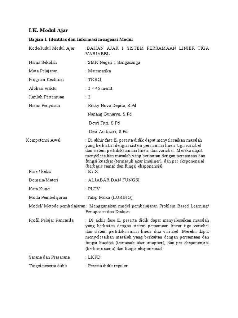 Contoh LK Modul Ajar SPLTV | PDF