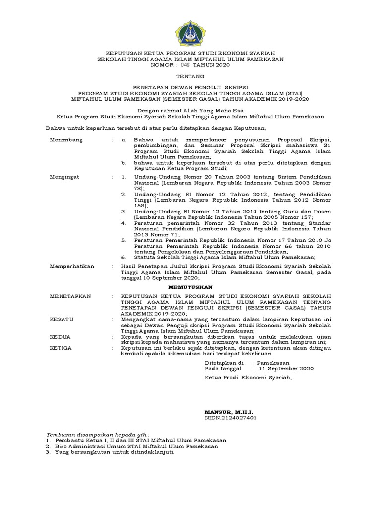 Contoh - KEPUTUSAN KETUA PRODI - Penguji Skripsi | PDF