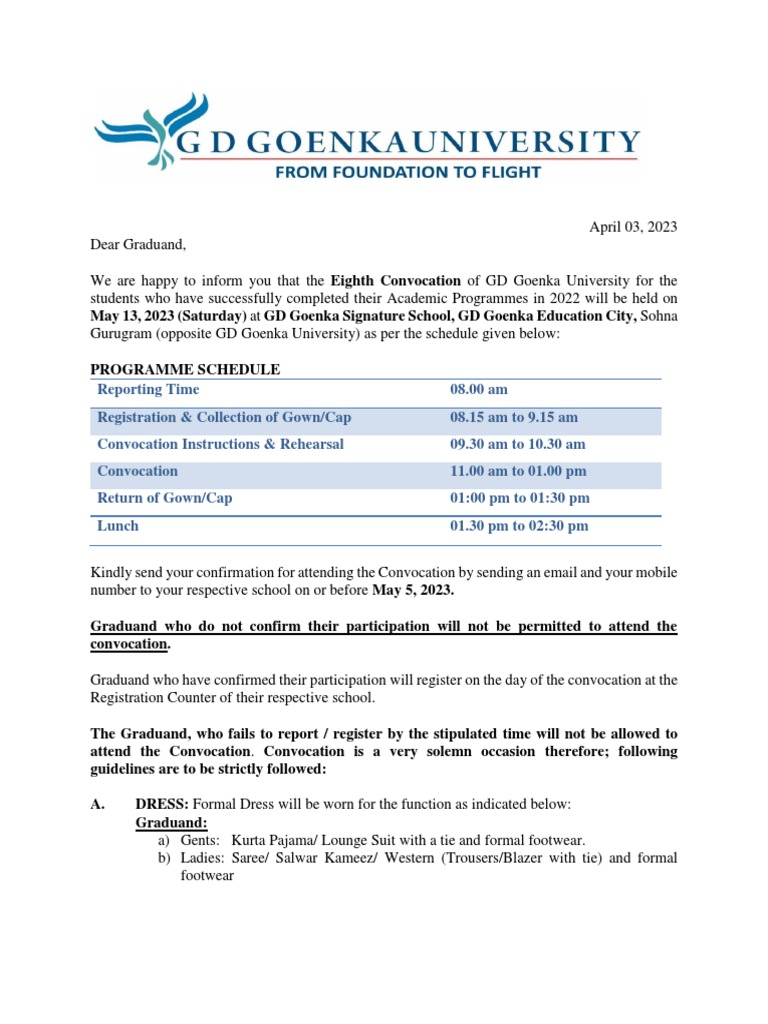 Convocation - Invite, Schedule & Guidelines - 2023 | PDF | Fashion | Clothing