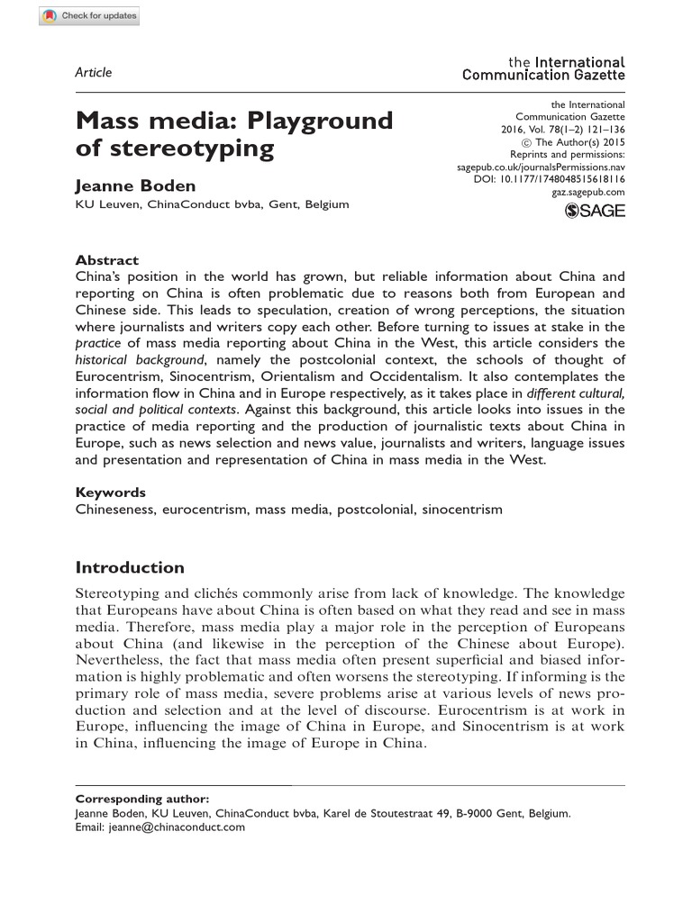 Boden 2015 Mass Media Playground of Stereotyping | PDF | News