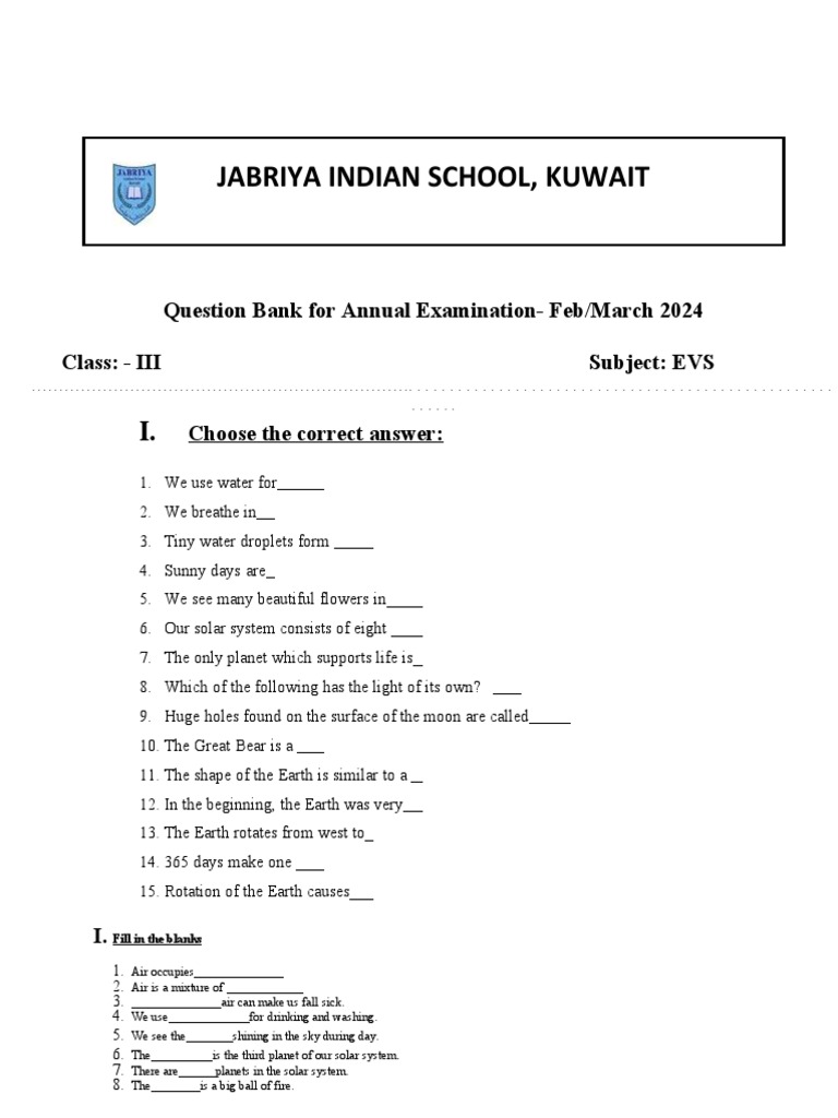 Class 3 EVS Annual Exam Question Bank | PDF | Earth | Solar System