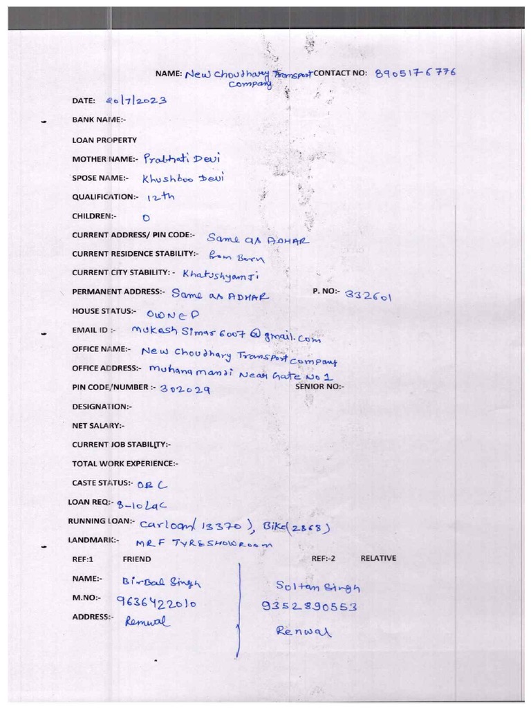 Detail Sheet Choudhary Transport Company | PDF