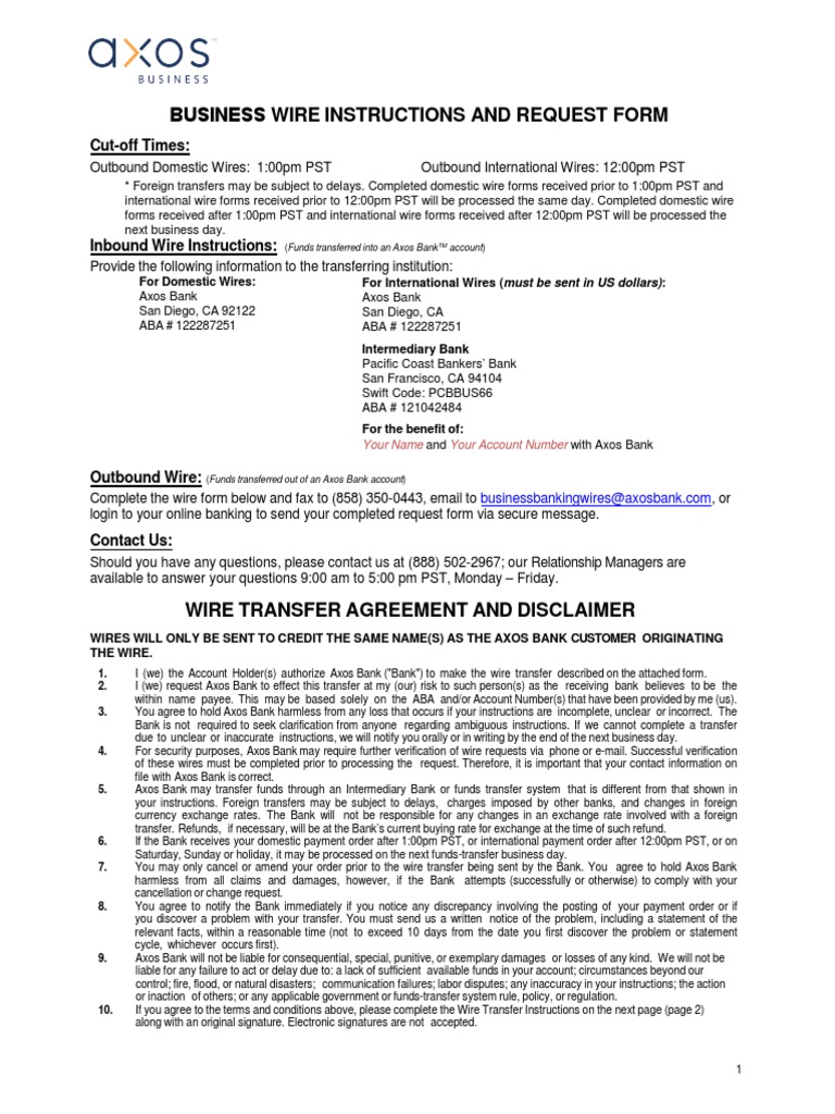 Axos Bank Wire Transfer Instructions | PDF | Wire Transfer | Payments