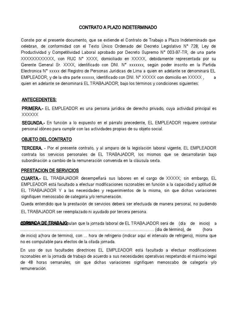 Modelos de Contratos de Trabajo A Plazo Indeterminado | Descargar gratis PDF | Derecho laboral ...