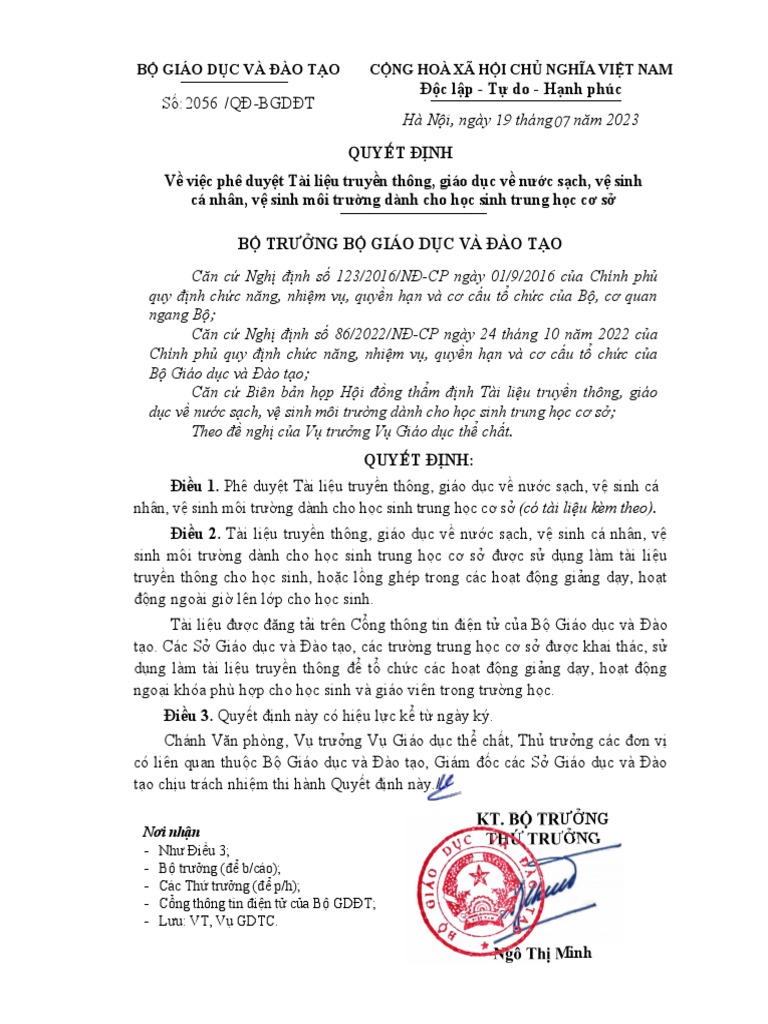 Quyet Dinh 2056 QD BGDDT 2023 Tai Lieu Truyen Thong Giao Duc Ve Nuoc Sach | PDF