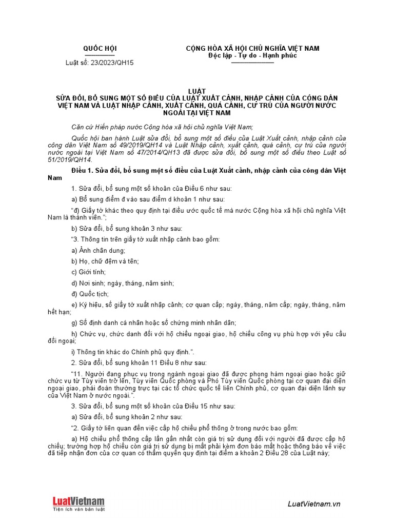 Luat Xuat Nhap Canh Sua Doi Moi Nhat 2023 So 23 2023 qh15 | PDF