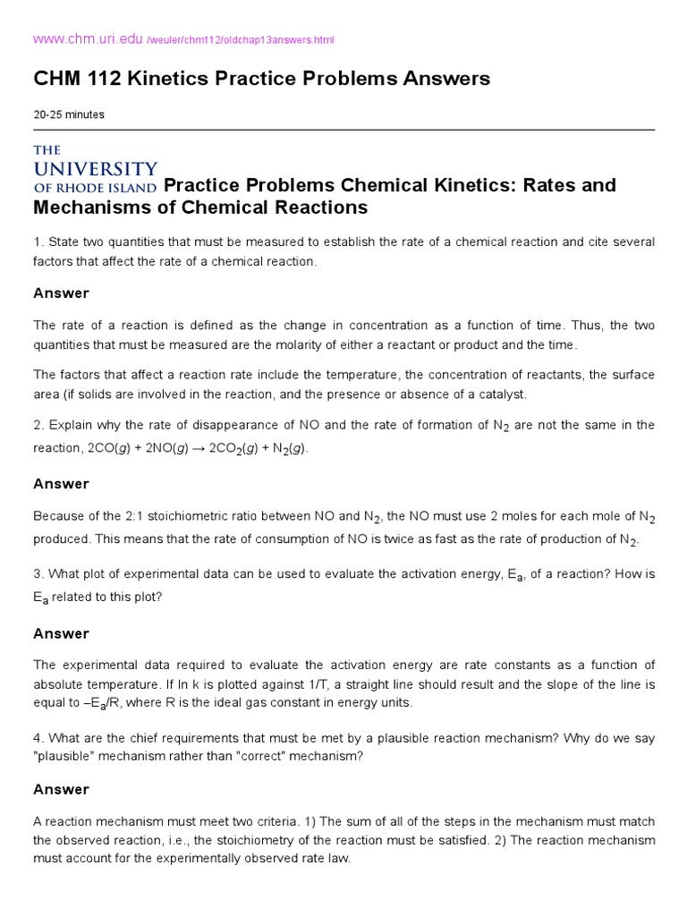 Chemistry Kinetics Practice Answers | PDF | Reaction Rate | Chemical ...