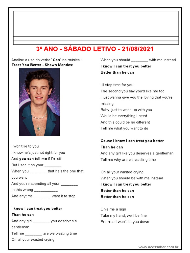 3ºano Ensino Médio Treat You Better Shawn Mendes Uso Do Can | PDF ...