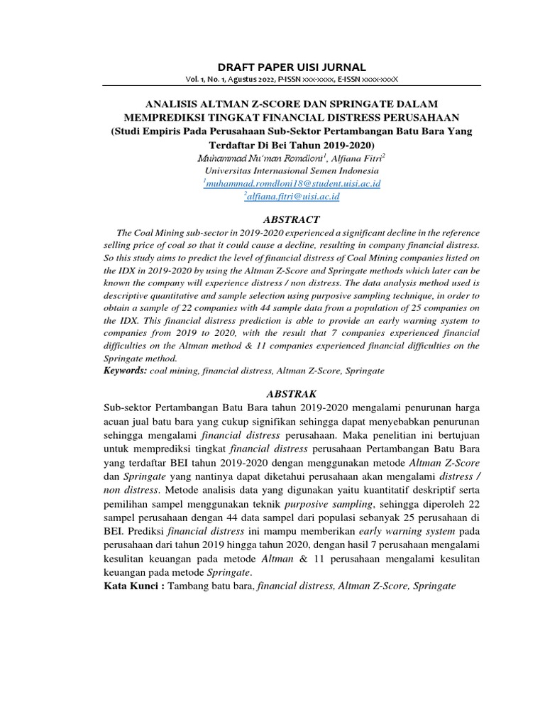 Jurnal Analisis Altman Z-Score Dan Springate Dalam Memprediksi Tingkat ...