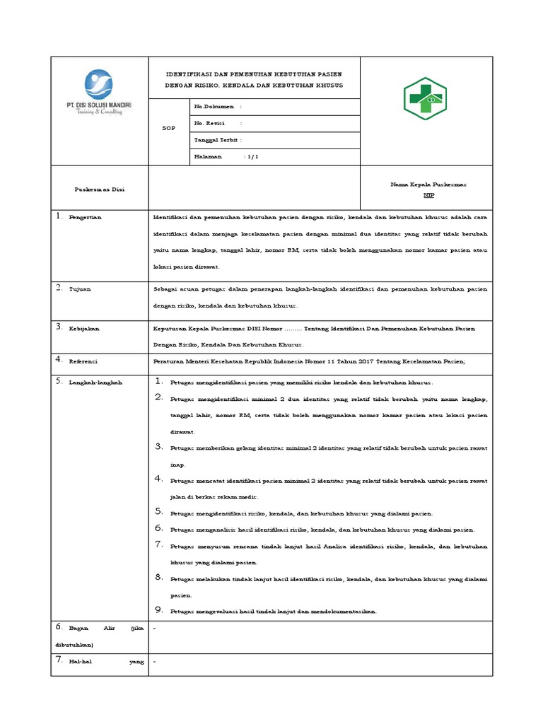 Sop Identifikasi Dan Pemenuhan Pasien Risiko, Kendala, Kebutuhan Khusus | PDF
