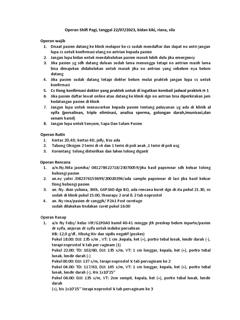 Operan Shift Pagi, 22 Juli 2023 | PDF
