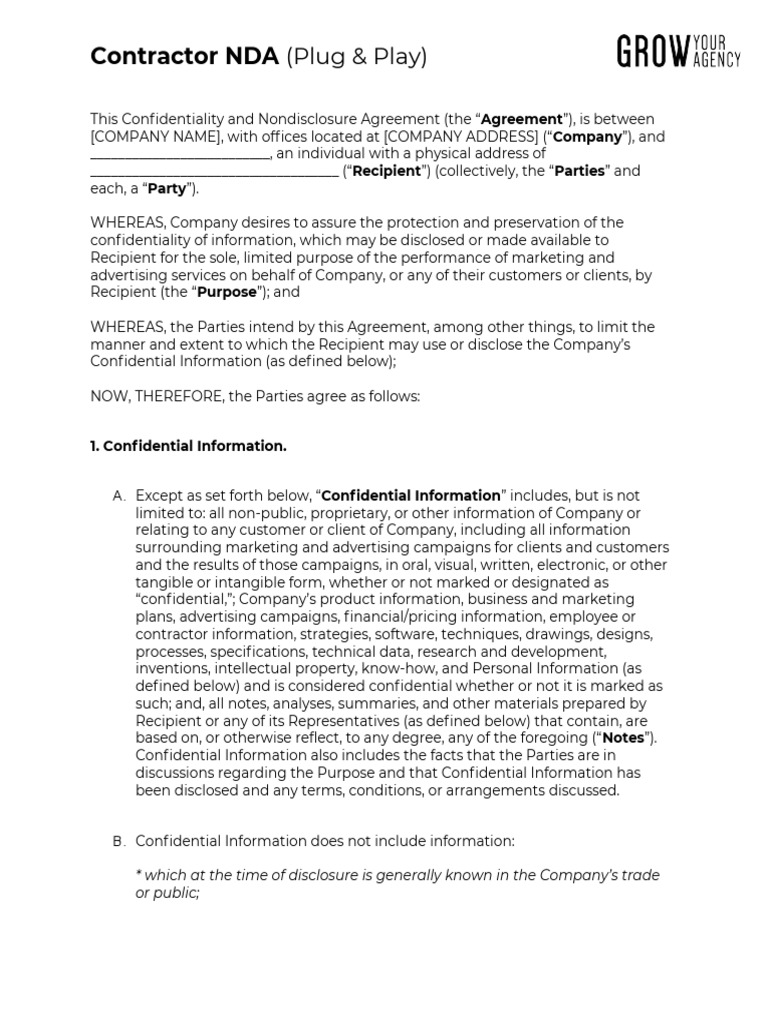 Contractor NDA Plug N Play | PDF | Non Disclosure Agreement | Legal Remedy