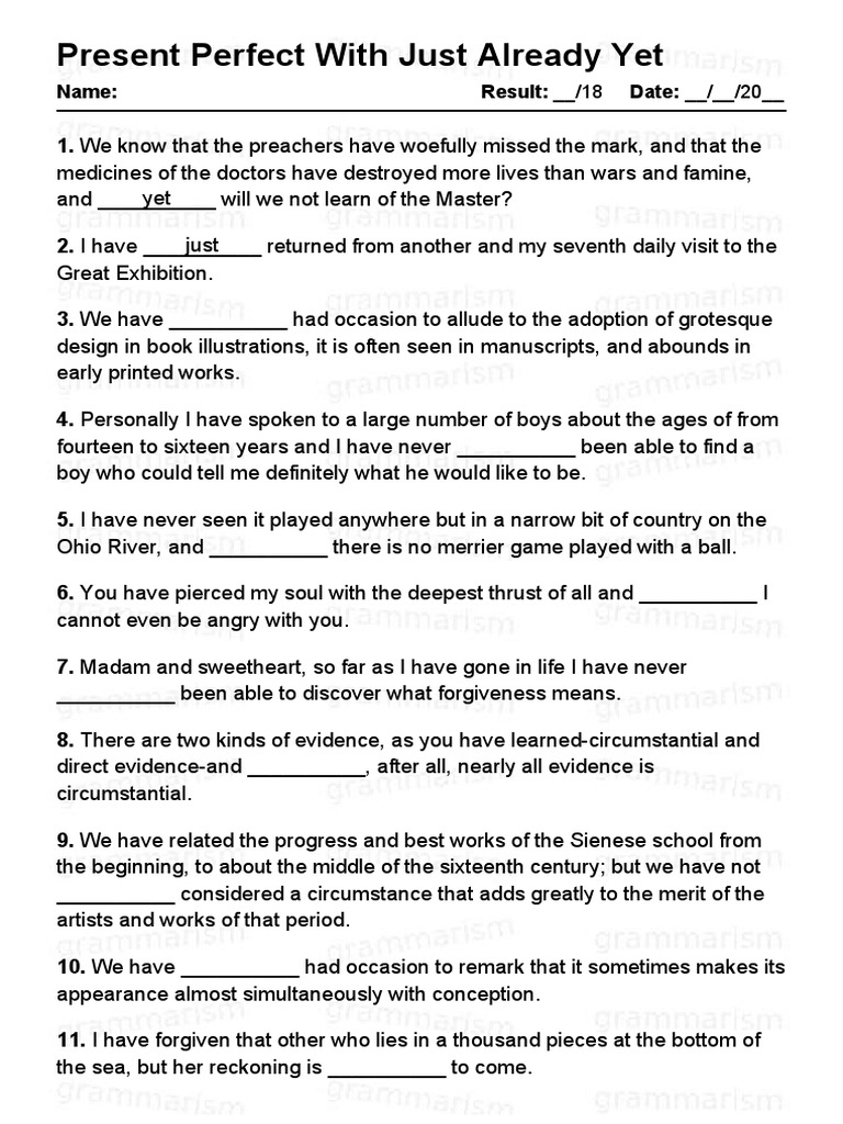 Grammarism Present Perfect With Just Already Yet Test 2 1900132 | PDF