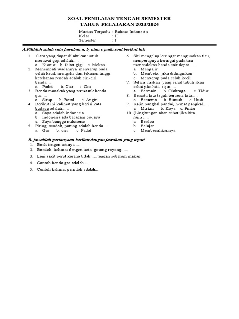 Soal PTS Bahasa Indonesia Kelas 2 | PDF